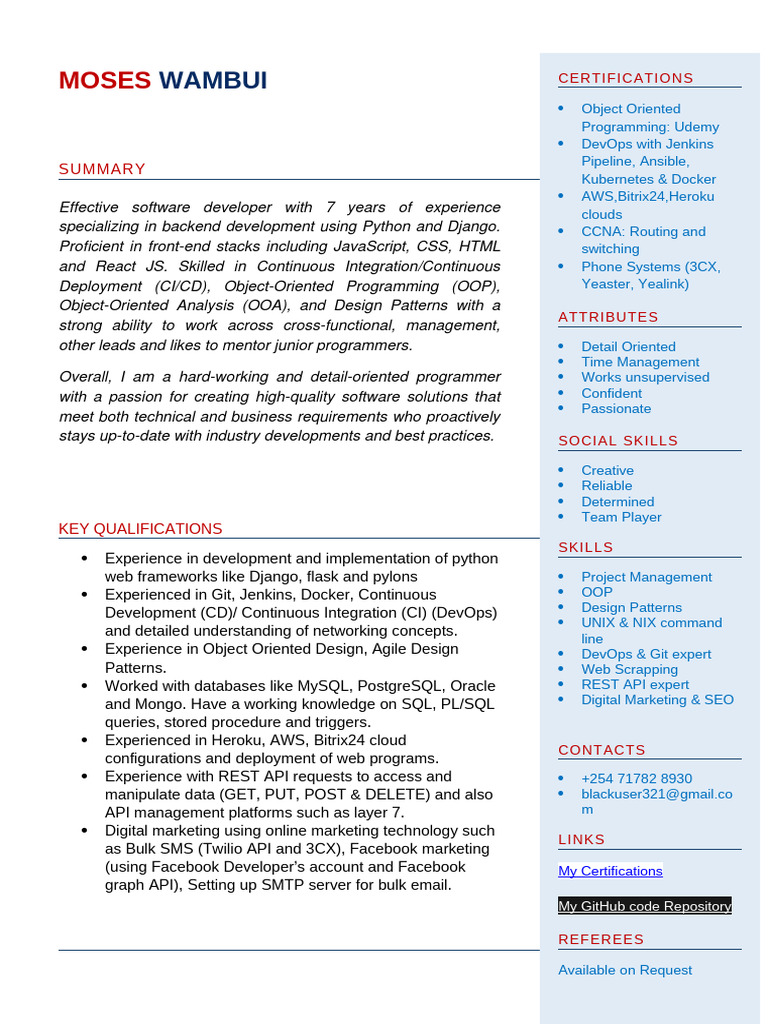 Moses Wambui - Resume1 | PDF | Databases | Postgre Sql