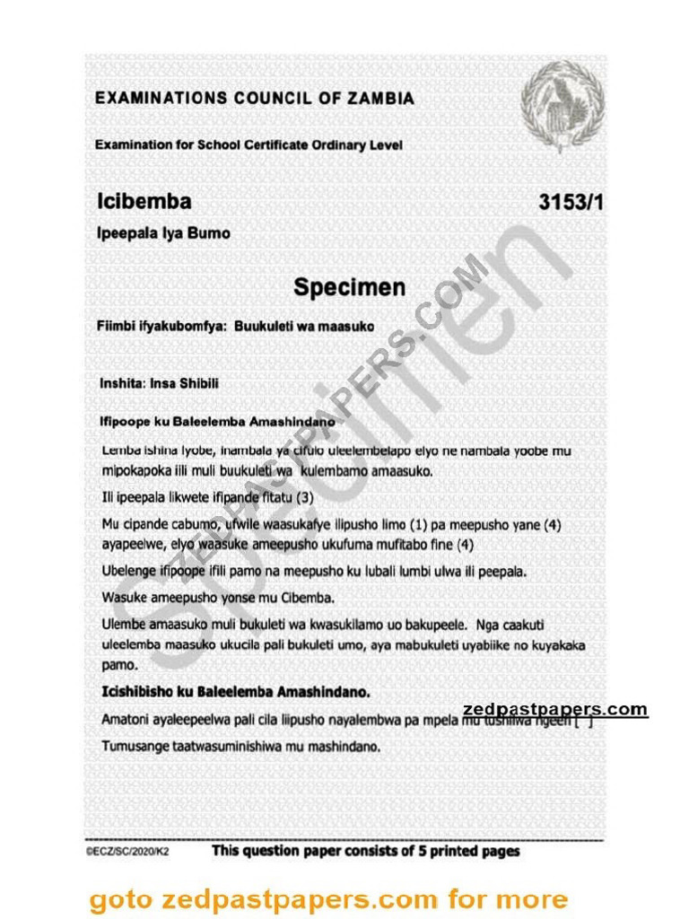 2020 Icibemba Paper 1 Past Paper | PDF