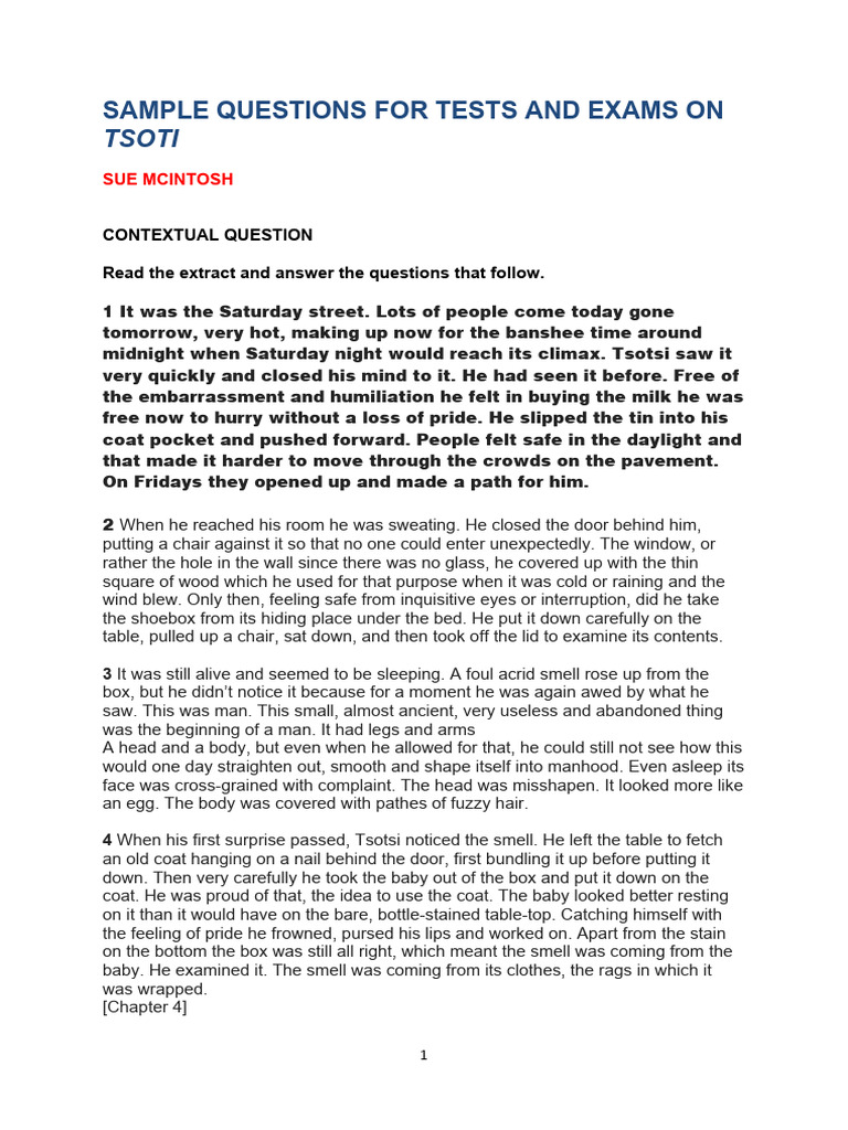 SAMPLE QUESTIONS FOR TESTS AND EXAMS Tsotsi 3 | PDF | Compassion ...