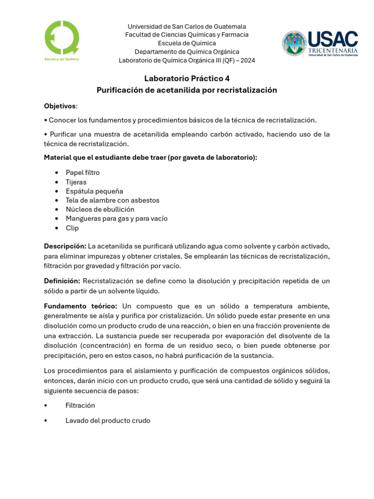 LP4 Purificación de Acetanilida Por Recristalización | PDF | Solubilidad | Solvente