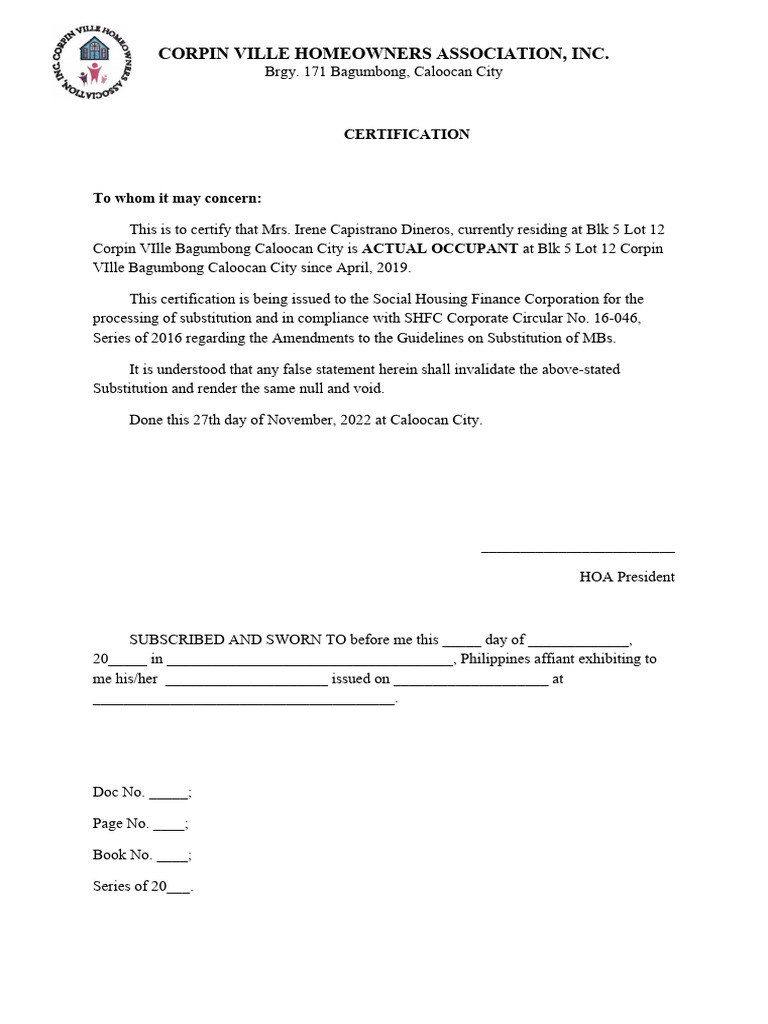 Corpin Ville HOA Occupant Certification | PDF | Finance & Money Management