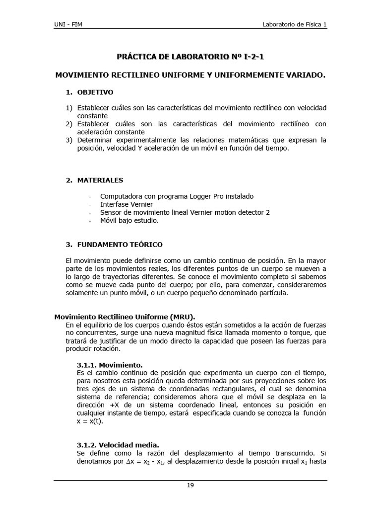 06 Fis Laboratorio I-2-1 MRU - MRUV | PDF | Velocidad | Aceleración