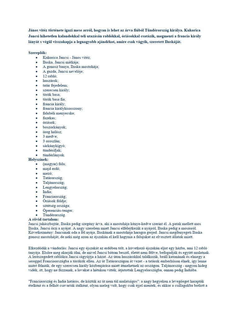 János vitéz története igazi mese arról | PDF