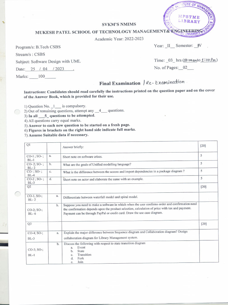 Software Design With UML Sem-IV Year 2022-23 Final Exam and Re Exam ...