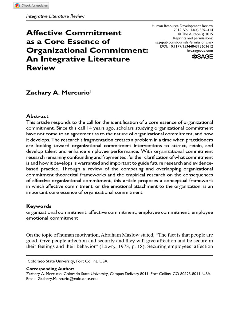 Mercurio 2015 Affective Commitment As A Core Essence of Organizational Commitment An Integrative ...
