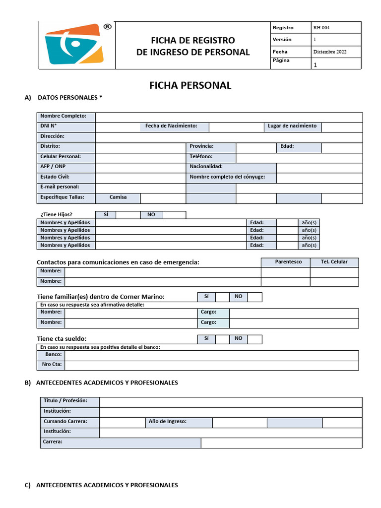 Ficha de registro de ingreso de personal | PDF | Documento de identidad