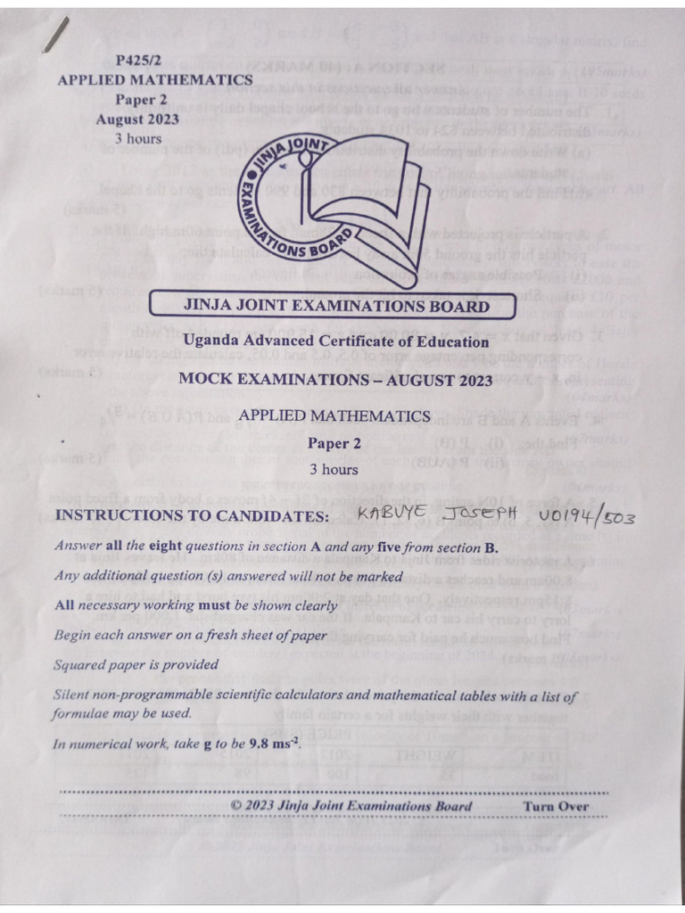 Uace Math 2 Jjeb Mock 2023 | PDF