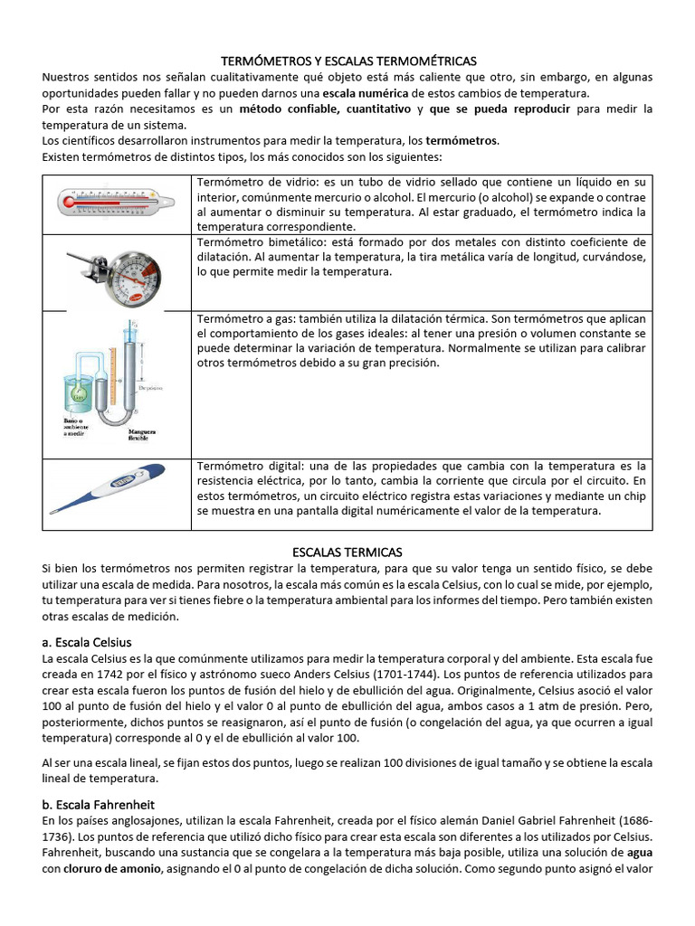 Termómetros y Escalas Térmicas | PDF | Fahrenheit | Termómetro