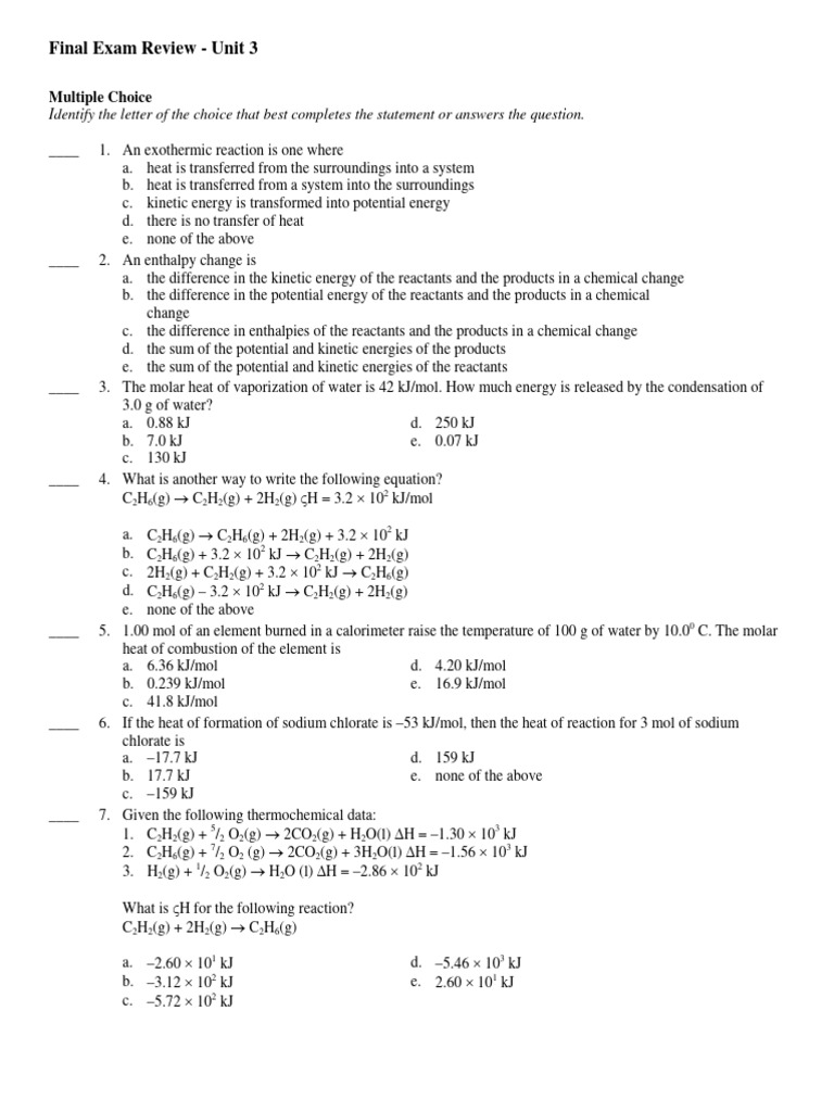 Unit 3 Final Exam Review Questions | PDF | Reaction Rate | Chemical ...
