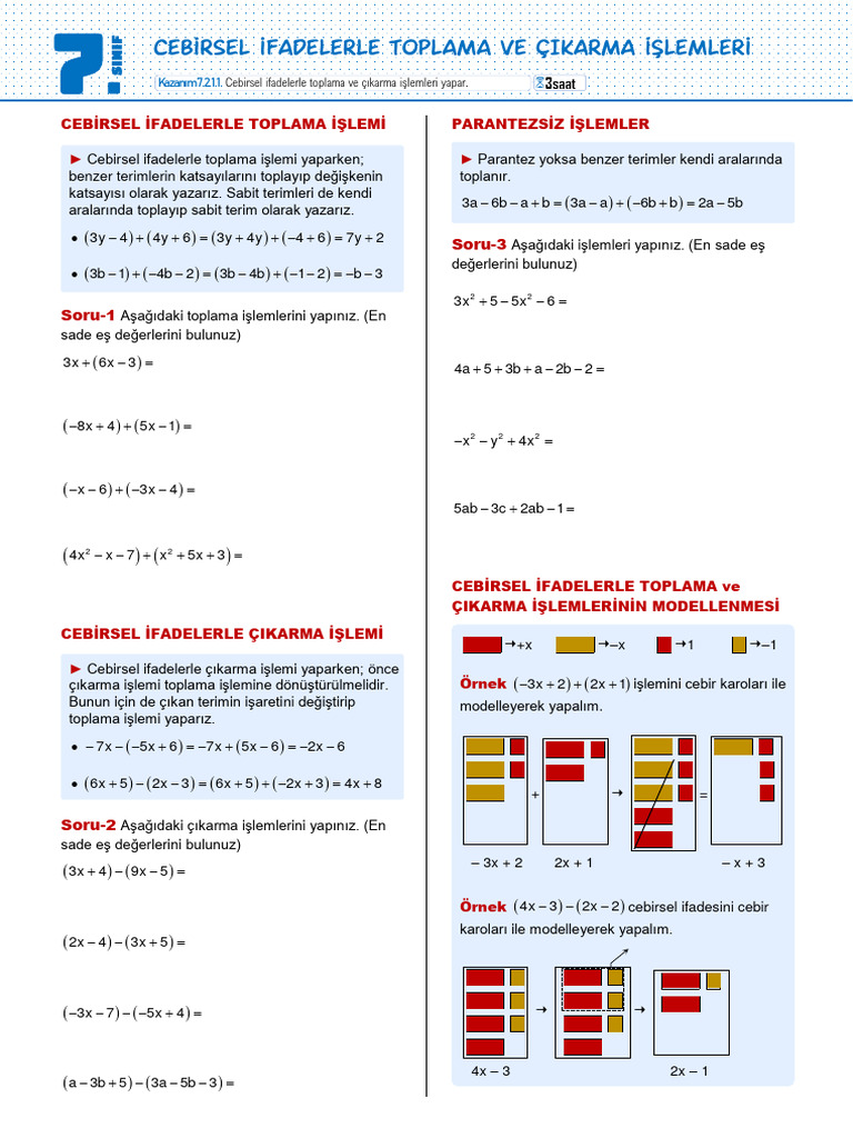 1 Cebirsel Ifadelerle Toplama Ve Cikarma Islemleri | PDF