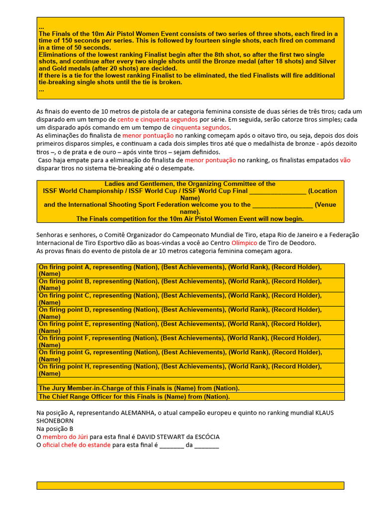 ISSF WC Announcer Script Translation | PDF | Esportes | Armas de projétil
