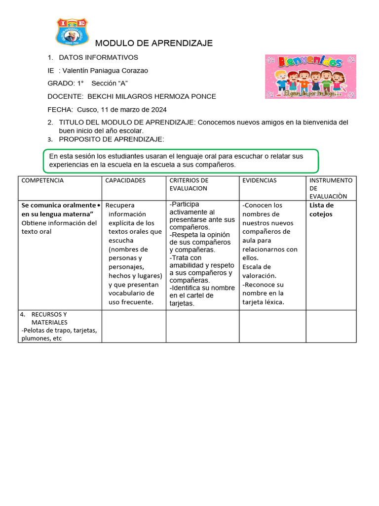 MODULO DE APRENDIZAJE Dia 11 de Marzo 2024 | PDF | Evaluación