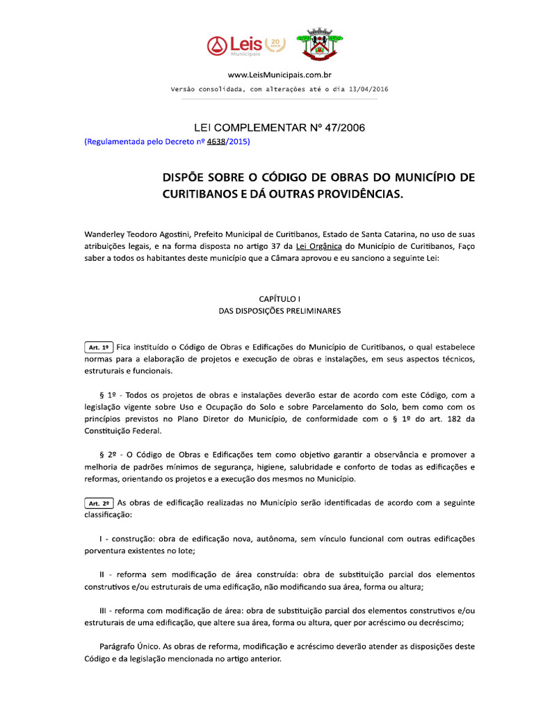 Código de Obras Curitbanos - LEI COMPLEMENTAR #47-2006 | PDF