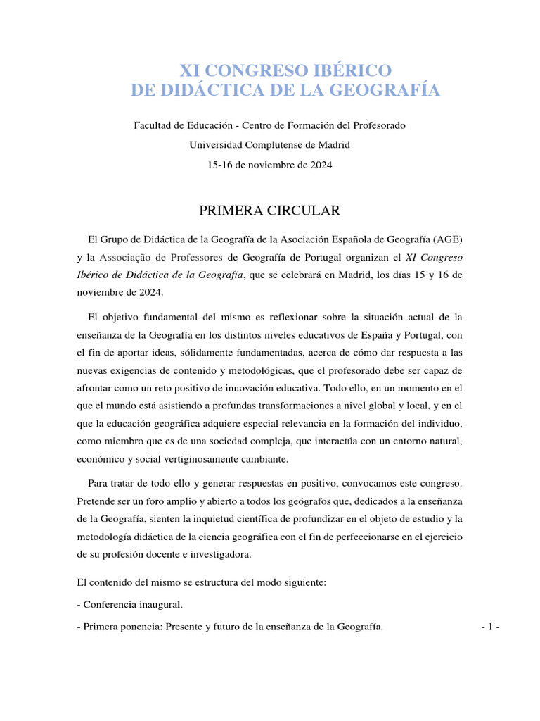 Primera Circular XI Cogreso Ibérico de Didáctica de La Geografía | PDF | Maestros | Enseñando
