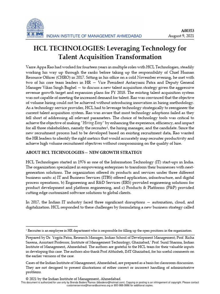 Case Study Hcl Td Pdf Pdf Recruitment Artificial Intelligence