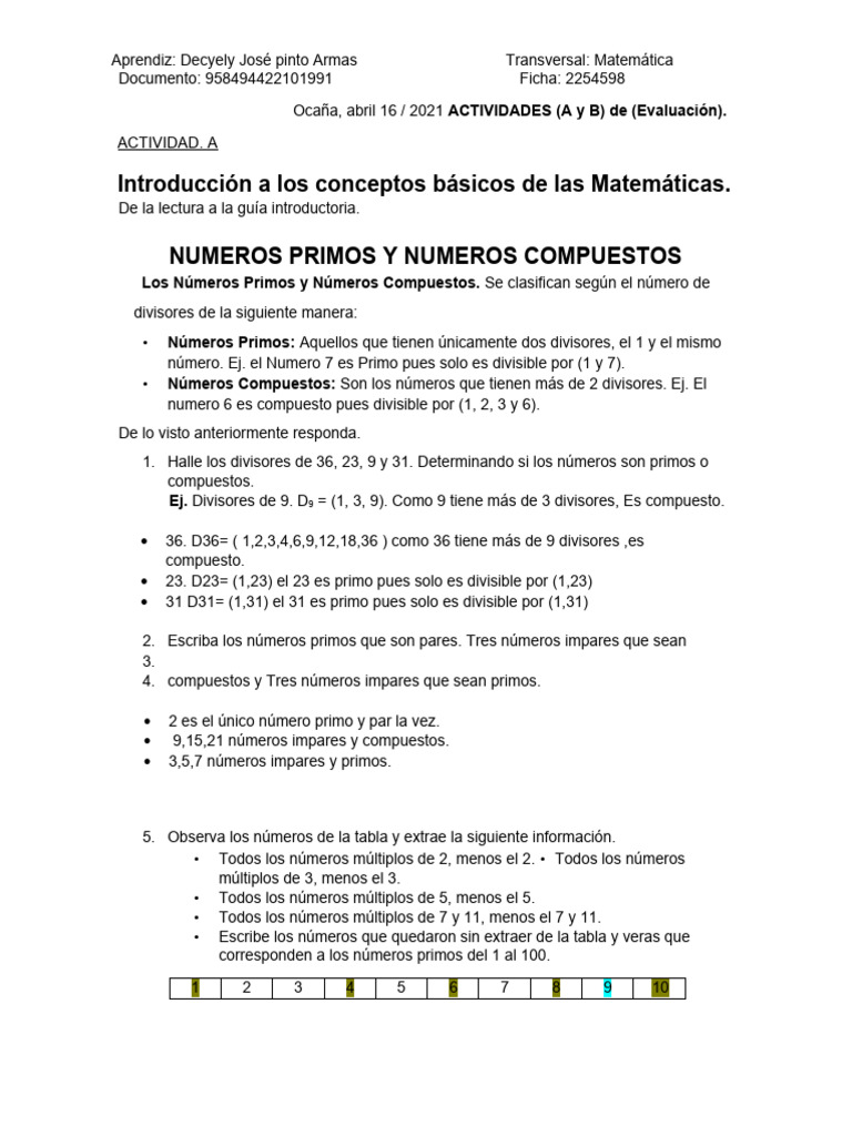 Actividad matematicas | PDF | Números | Fórmula