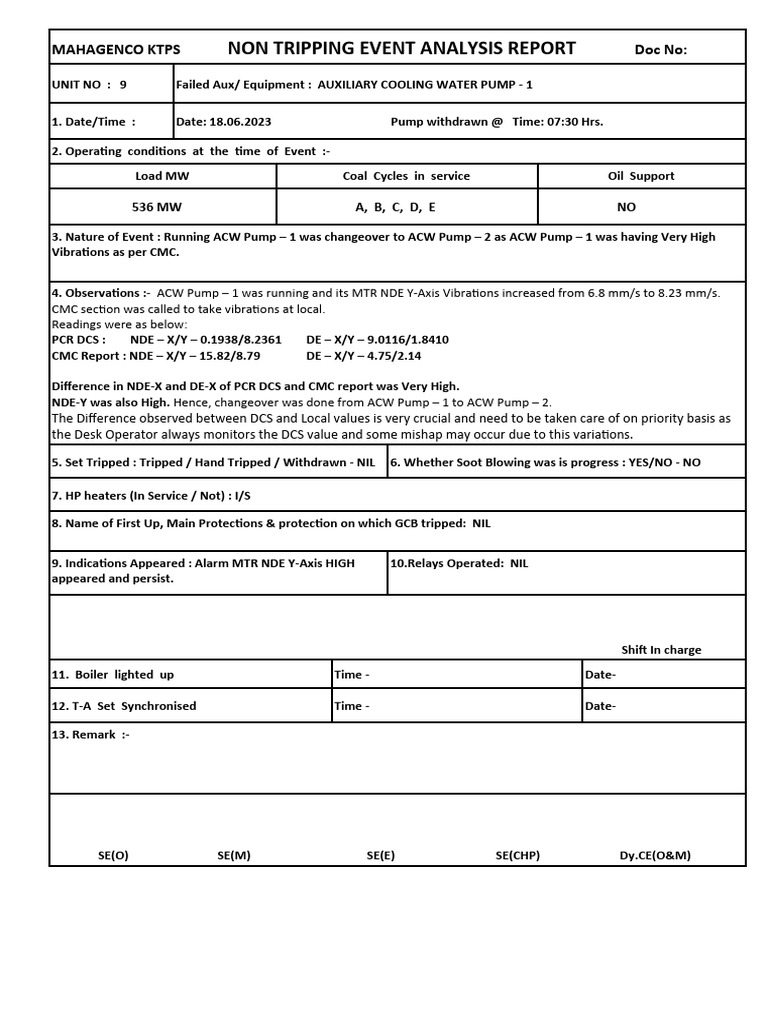 Non Tripping Event Analysis Format | PDF