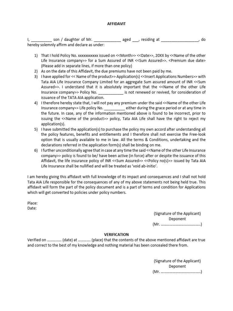 Affitdavit Format For Replacement Cover | PDF | Affidavit | Life Insurance