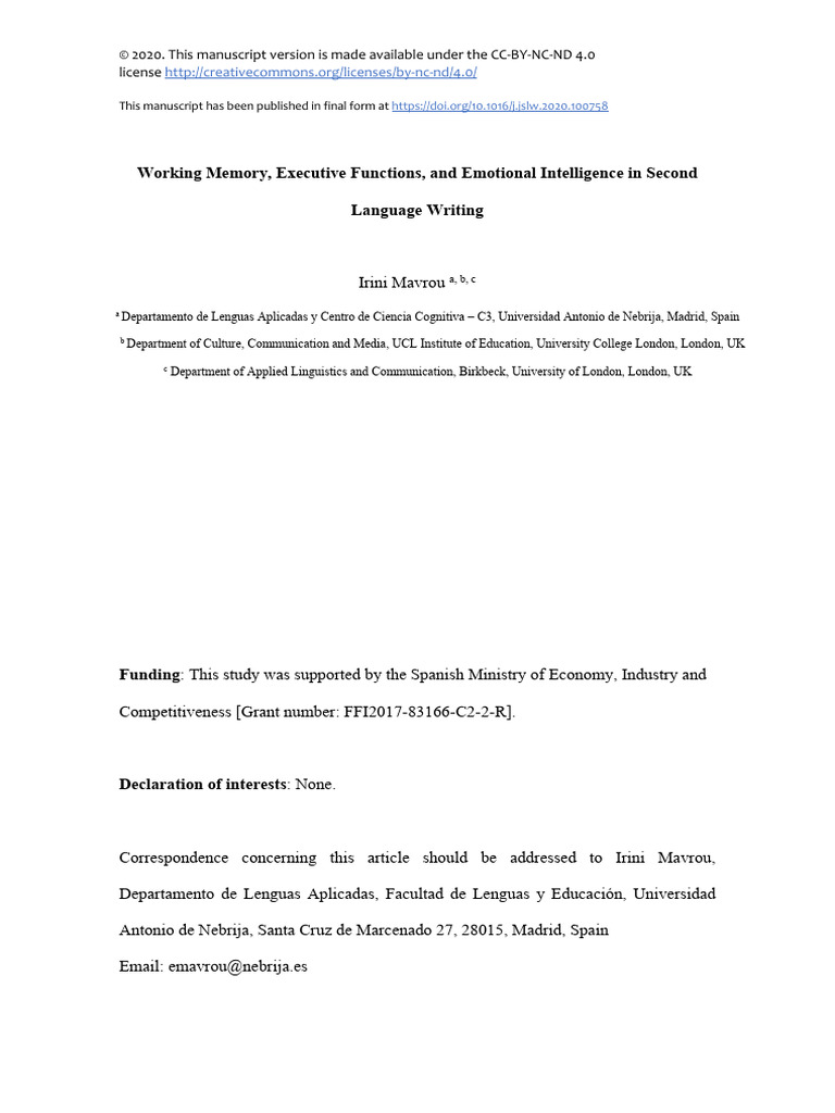 Working Memory, Executive Functions, and Emotional Intelligence in Second Language Writing ...