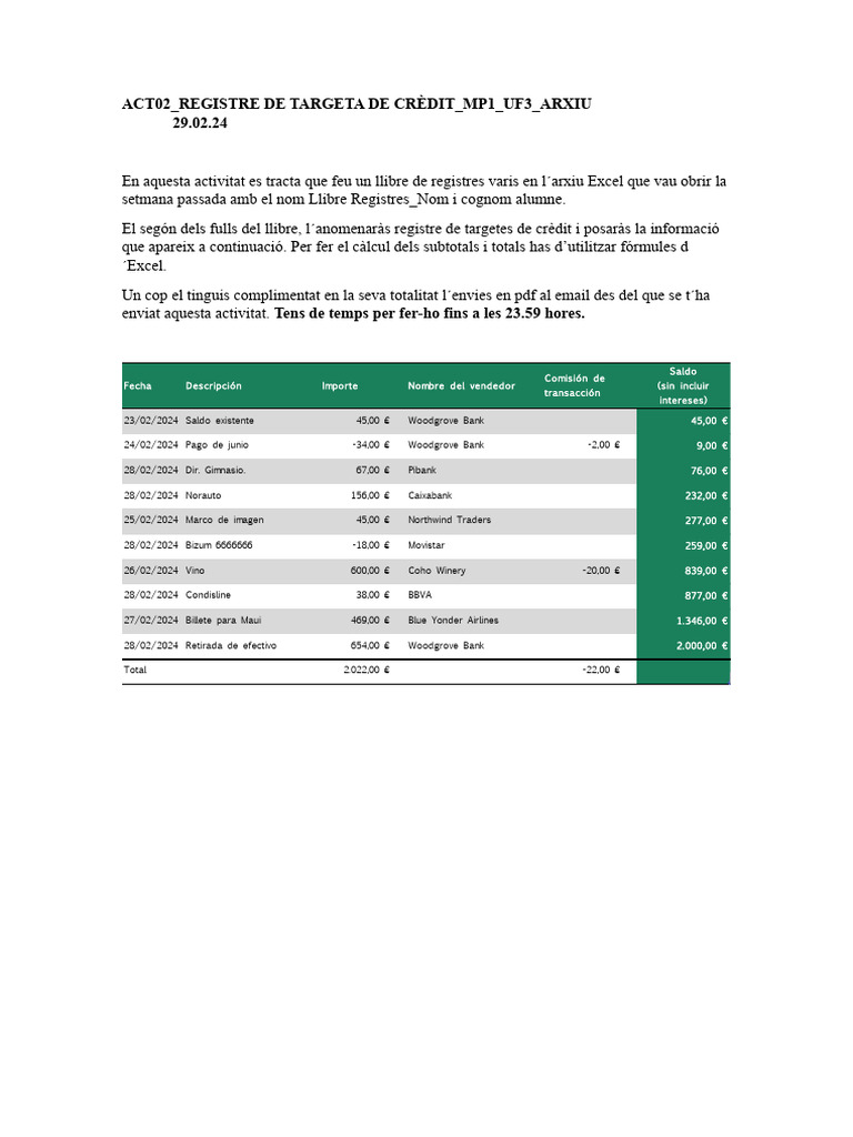 Act02 Registre Moviments Targeta Crèdit | PDF