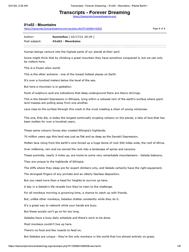 Transcripts - Forever Dreaming __ 01x02 - Mountains - Planet Earth I ...