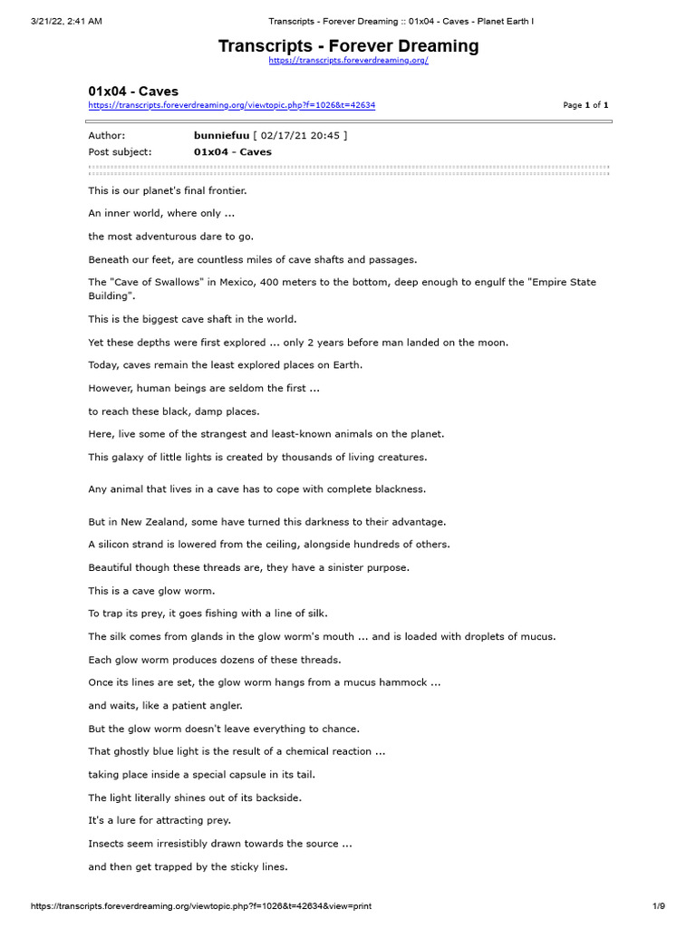 Transcripts - Forever Dreaming - 01x04 - Caves - Planet Earth I | PDF | Limestone | Bat