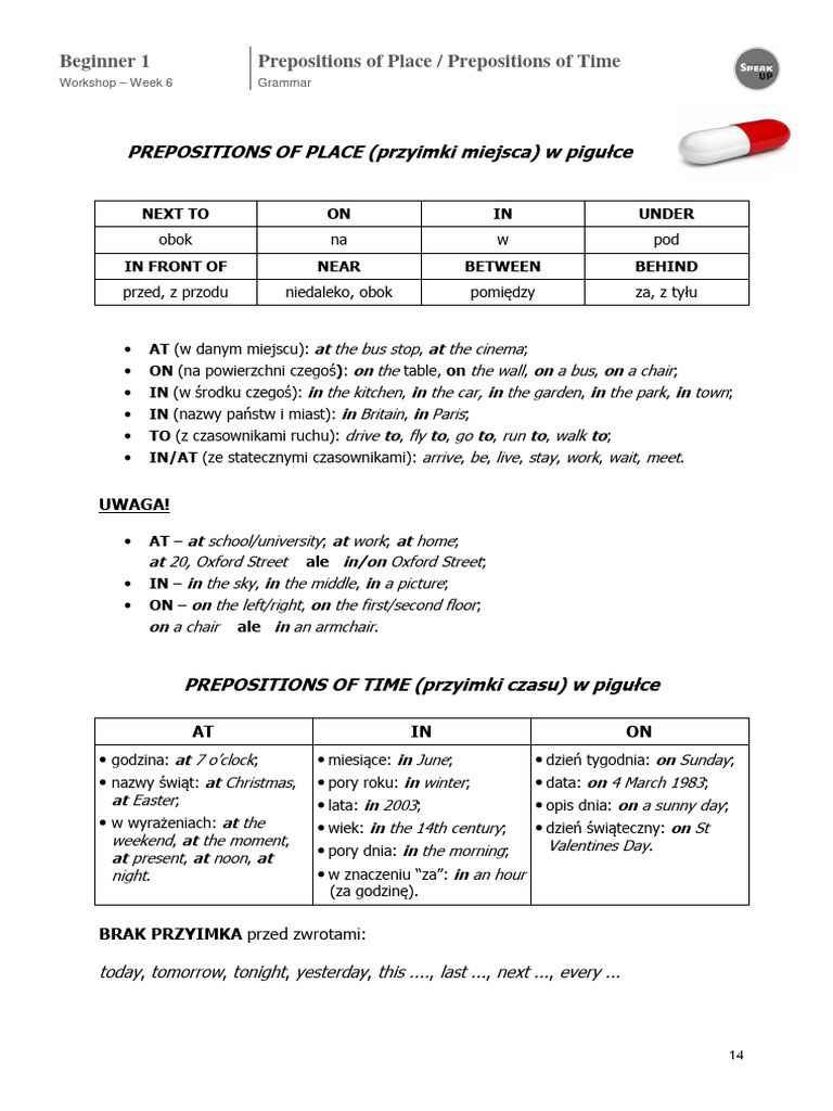Prepositions of Time and Place | PDF