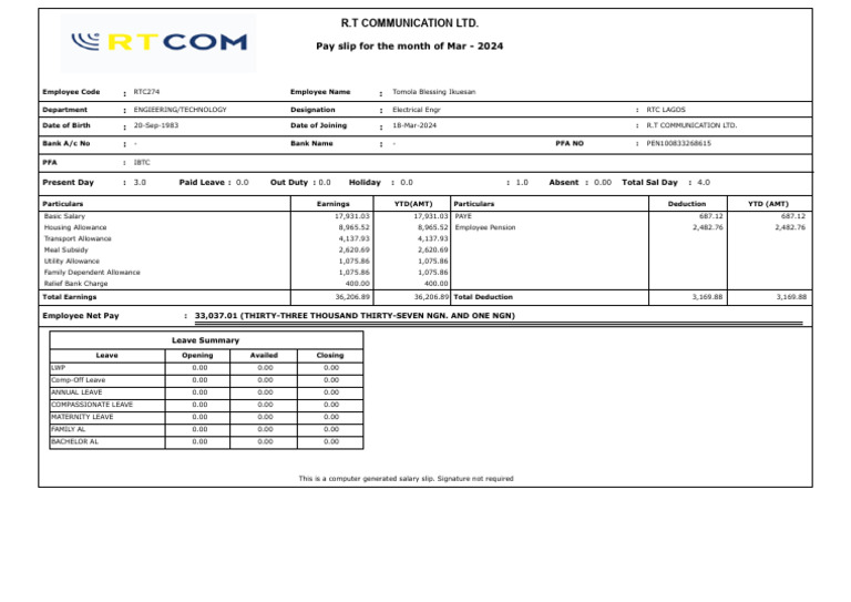Rpt_Pay_Slip_YTD (3) | PDF | Labor | Personal Finance