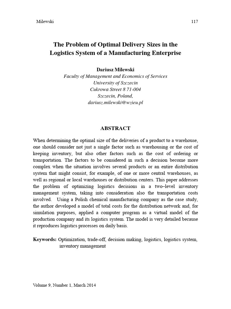 2014 - Milewski - EOQ - The Problem of Optimal Delivery Sizes in The ... 2014 - Milewski - EOQ - The Problem of Optimal Delivery Sizes in The ...