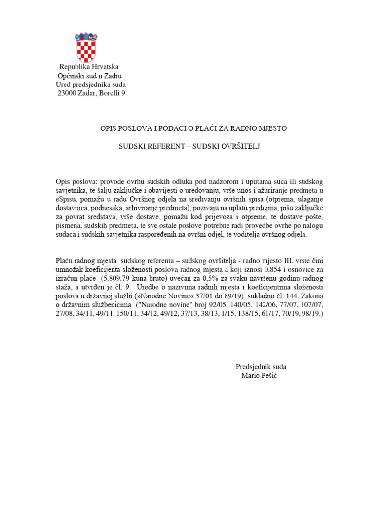 Opis Poslova I Podaci o Plaći Sudski Referent - Sudski Ovršitelj | PDF