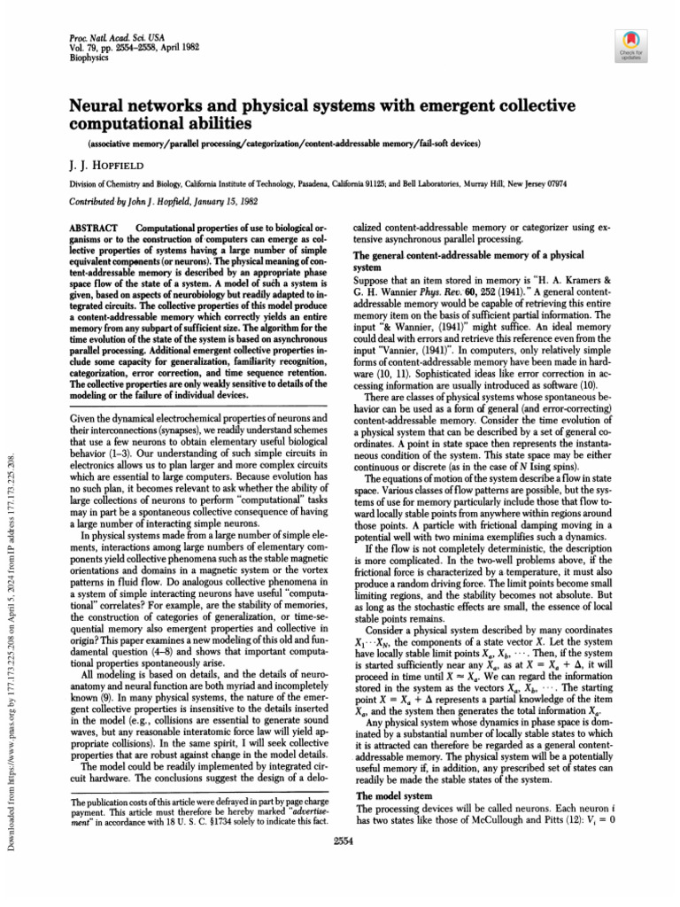 Hopfield 1982 Neural Networks And Physical Systems With Emergent