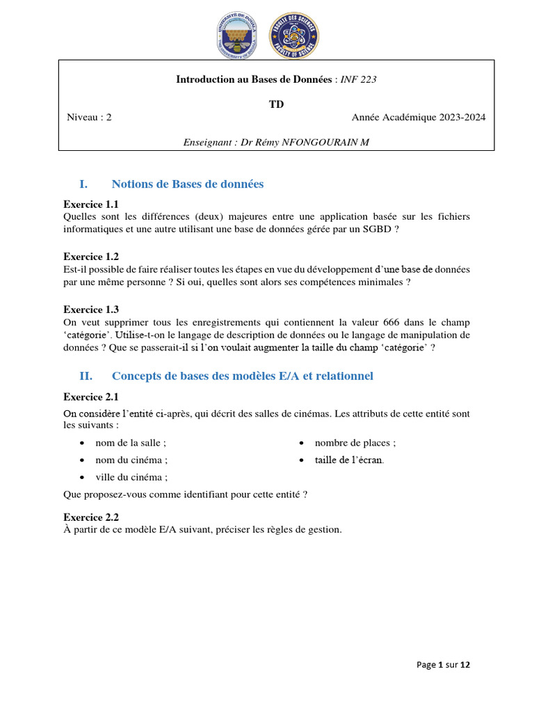 Introduction aux Bases de Données INF 223 | PDF | Bases de données ...