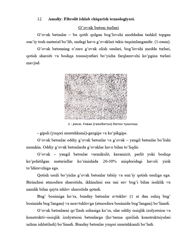 12-Amaliy Fibrolit Ishlab Chiqarish Texnologiyasi | PDF