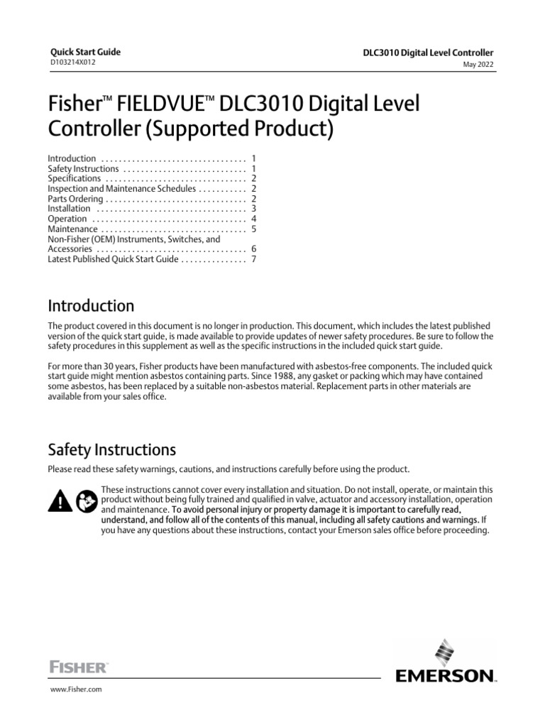 Quick Start Guide Fieldvue dlc3010 Digital Level Controller Supported ...