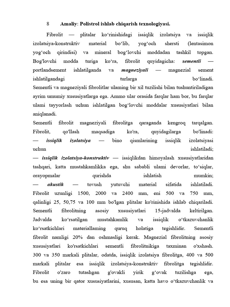 8-Amaliy Polistrol Ishlab Chiqarish Texnologiyasi | PDF
