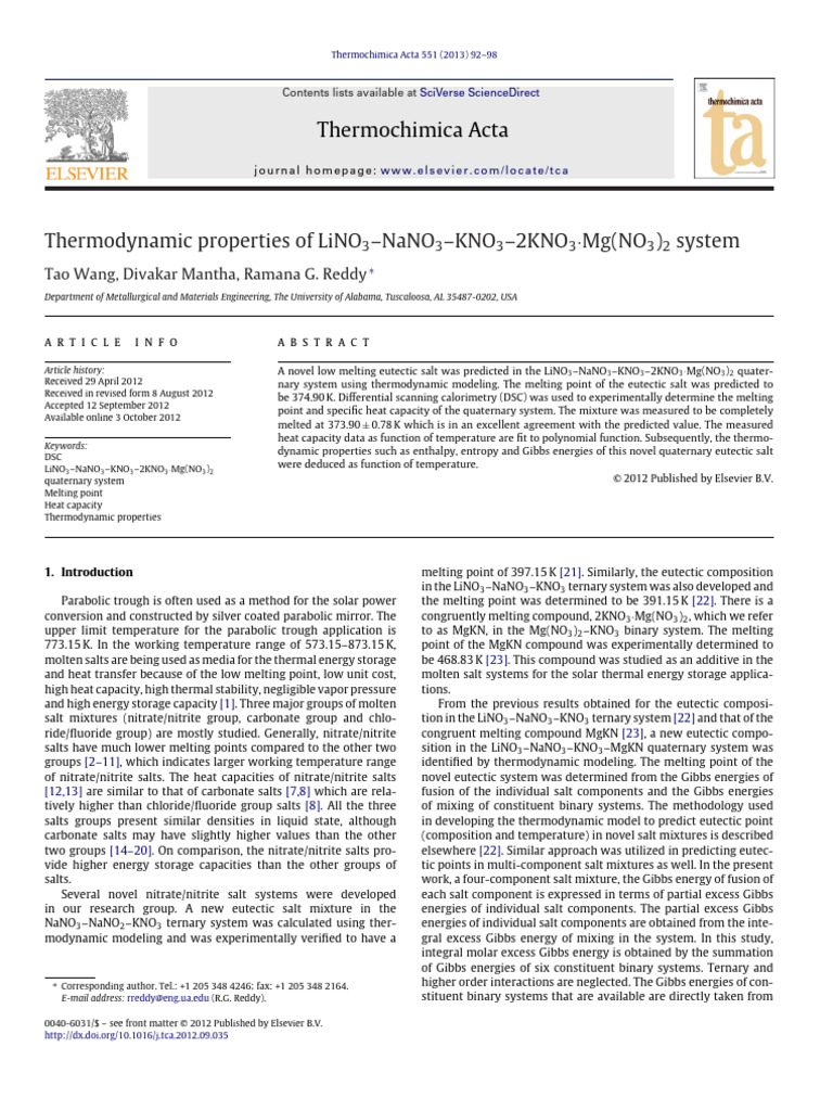 2013 Thermodynamic Properties of LiNO3-NaNO3-KNO3-2KNO3 MG (NO3) 2 ... 2013 Thermodynamic Properties of LiNO3-NaNO3-KNO3-2KNO3 MG (NO3) 2 ...