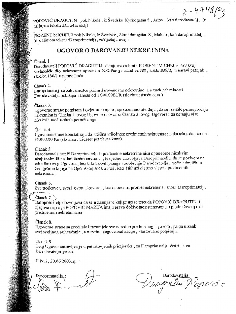 Darovni Ugovor-Dragutin-Fiorent | PDF