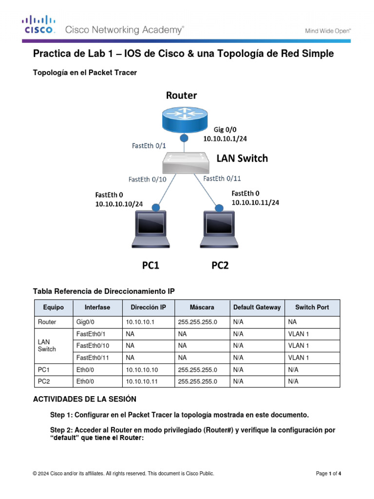 LabFR - Lab Practice 1 - Cisco IOS & A Simple Network Topology | PDF | Contraseña | Dirección IP