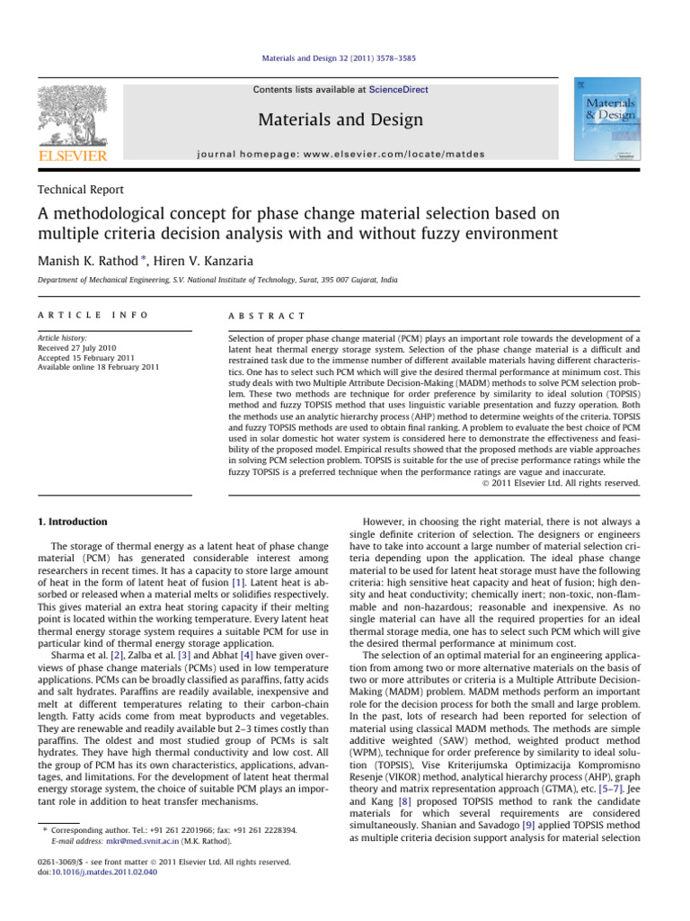 2011 A Methodological Concept For Phase Change Material Selection Based ...