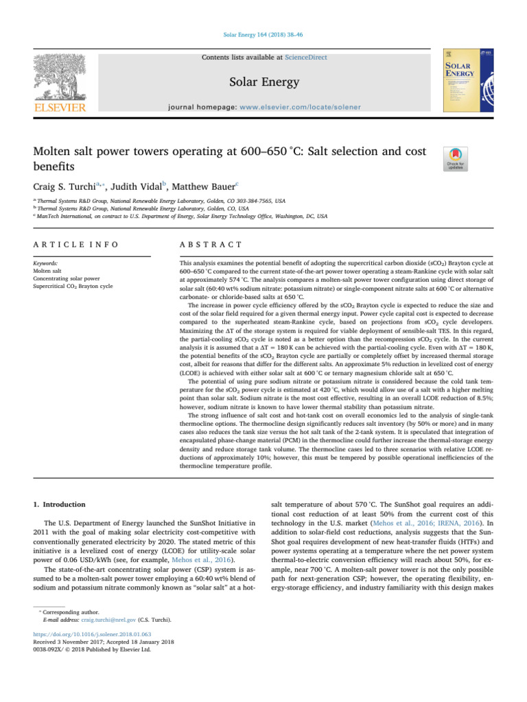 2018 Molten Salt Power Towers Operating at 600-650 °C Salt Selection ...