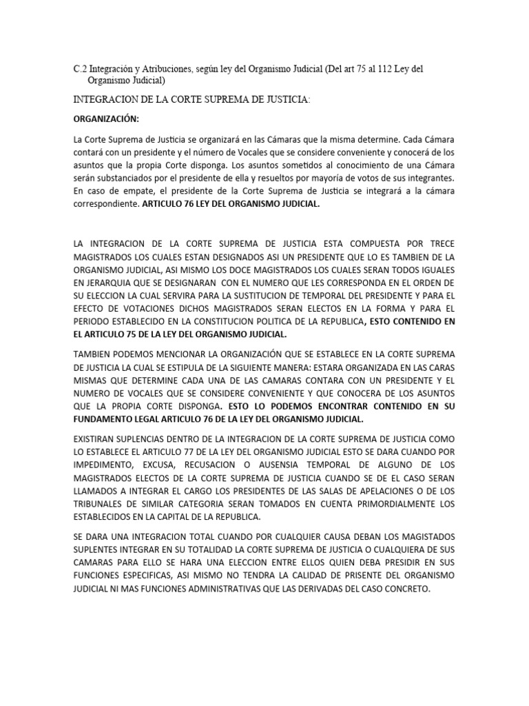 Integracion y Atribuciones Segun La Ley Del Organismo Judicial Art. 75 ...