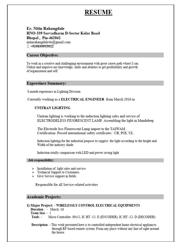 Nitin Rahangdale Resume Pdf Lighting Fluorescent Lamp 