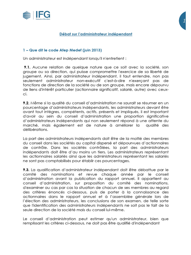 Définition et critères d'indépendance des administrateurs | PDF ...