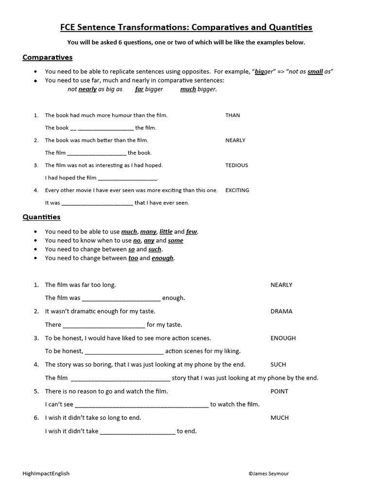FCE Sentence Transformations With Comparatives and Quantities | PDF