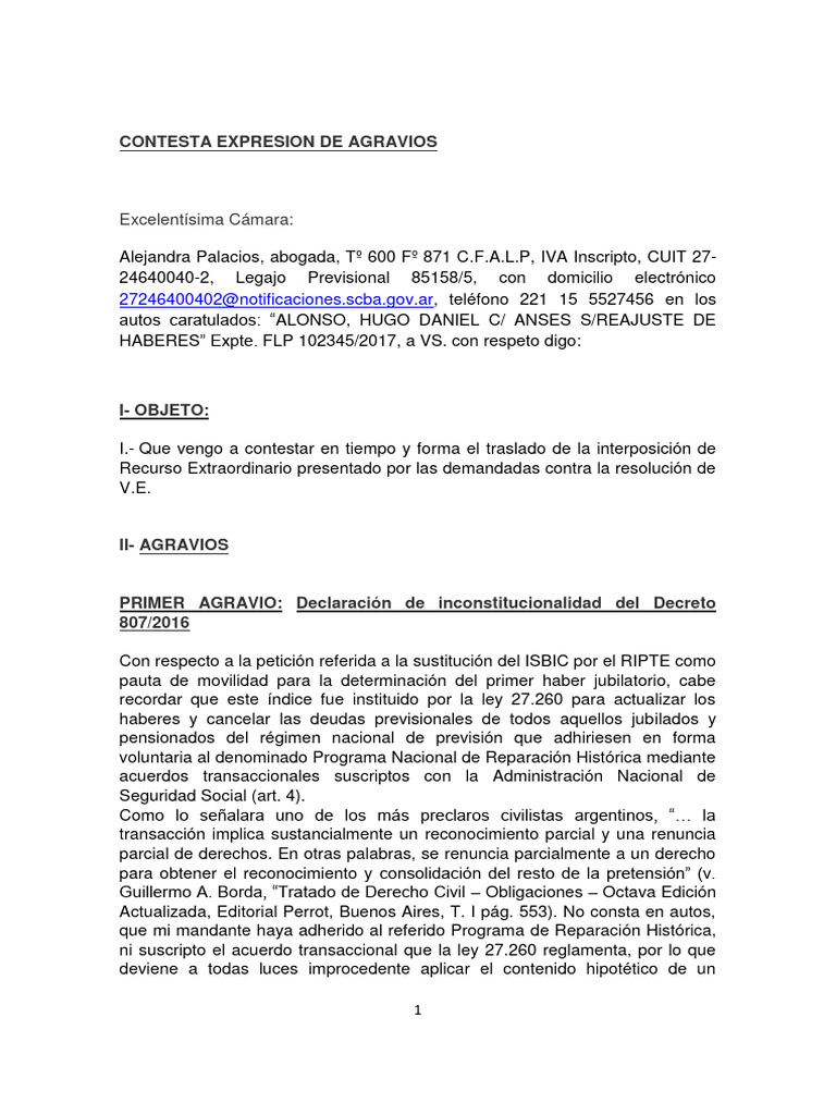 Contestación a Agravios en Reajuste Jubilatorio | PDF | Caso de ley ...