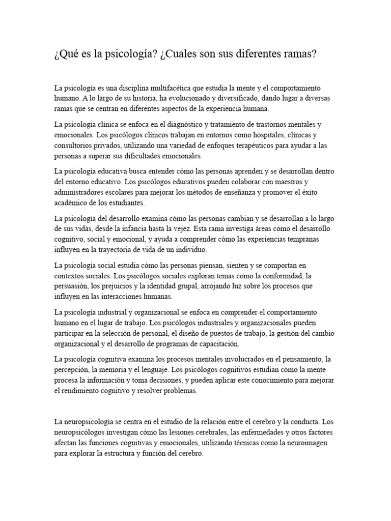 La Psicología y Sus Ramas | PDF | Sicología | Comportamiento