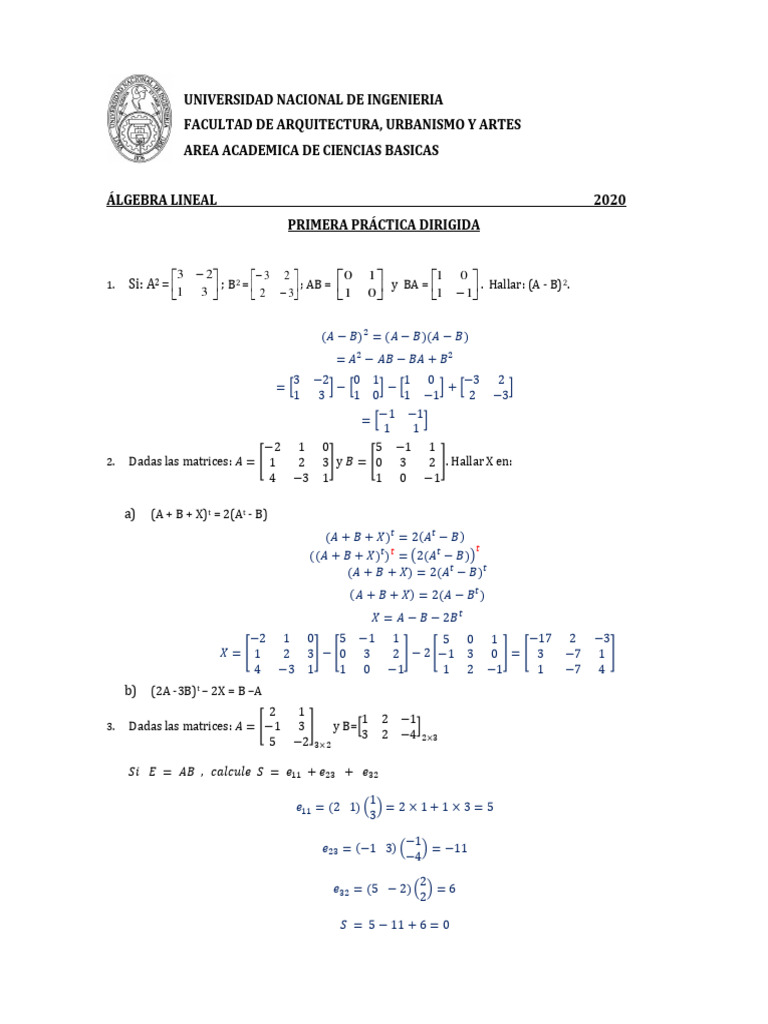 1 PDirigida ALGEBRA LINEAL EJEMPLOS | PDF | Matriz (Matemáticas) | Álgebra abstracta