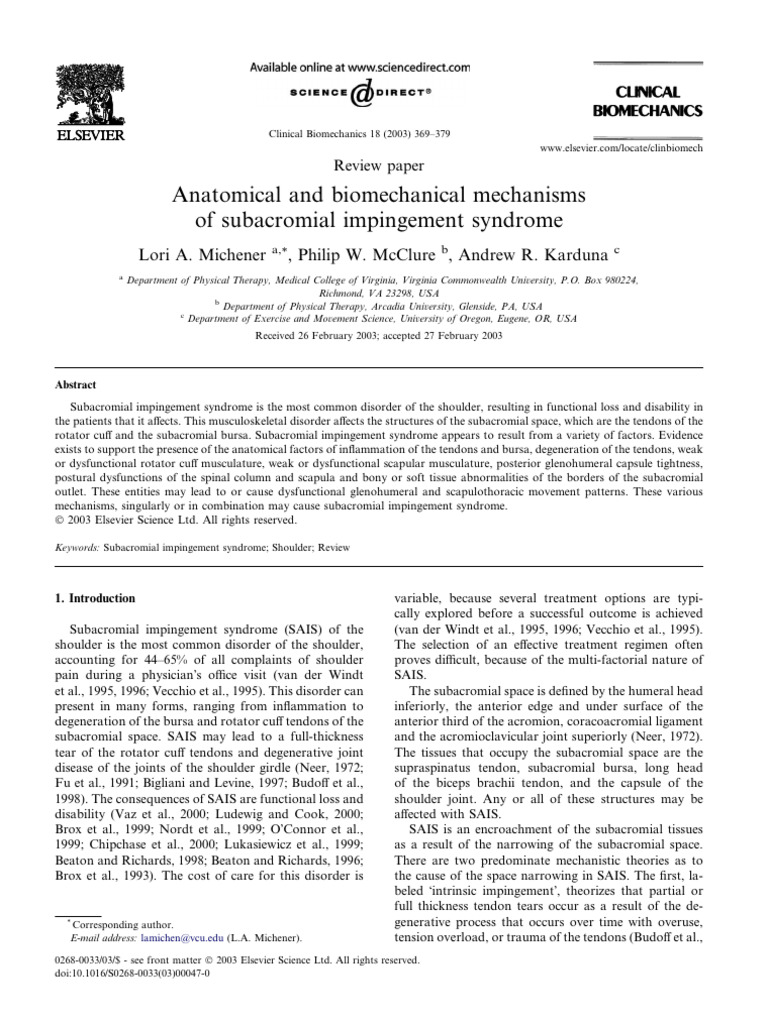 Anatomical And Biomechanical Mechanisms Of Subacromial Impingement