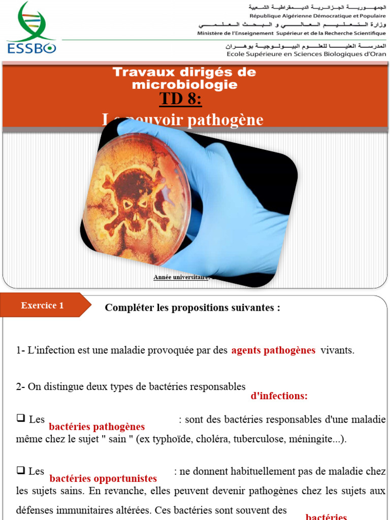 TD 8 Le Pouvoir pathogene-ESSBO-2023 | PDF | Agent infectieux | Bactérie