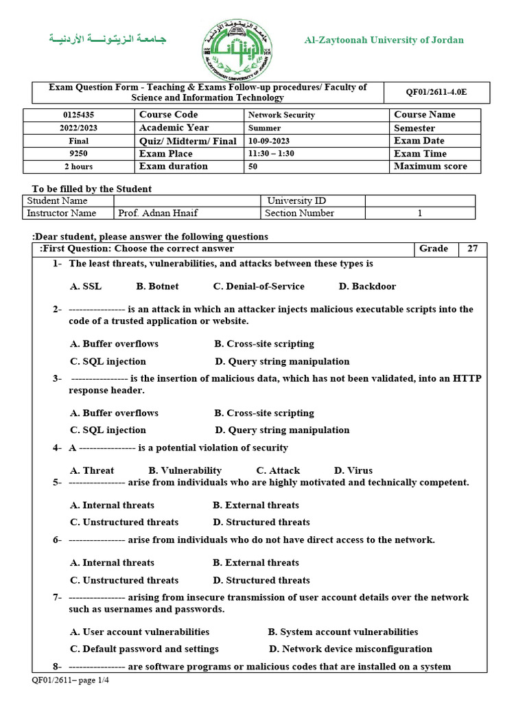 Network Security-Final Exam | PDF | Wi Fi | Computer Network